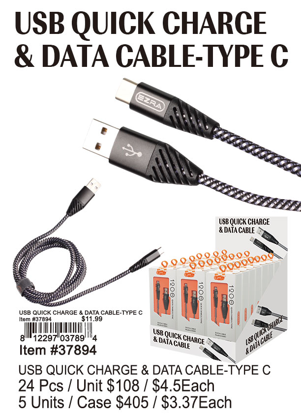 Wholesale USB Quick Charge and Data Cables Type-C 24 Pcs. - Puka Creations